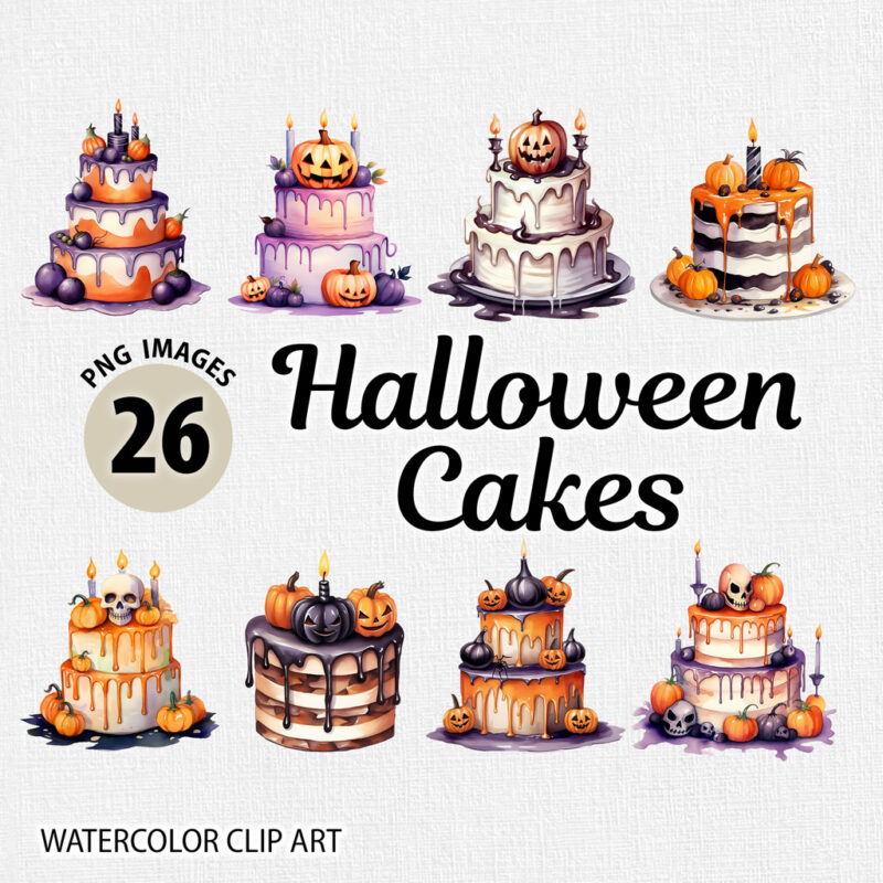 Watercolor Halloween Cake Clipart PNG Bundle - A world of instant ...
