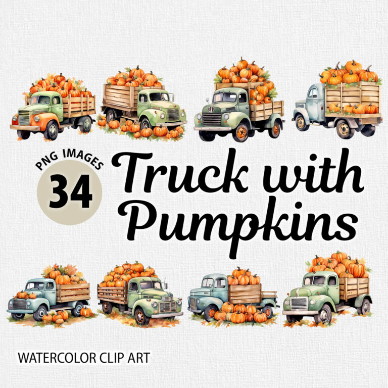 Watercolor Truck with Pumpkins PNG Clipart Bundle - A world of instant ...
